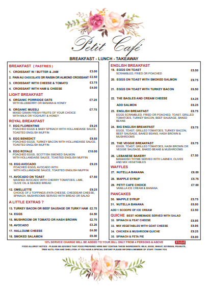 Menu – petit cafe london